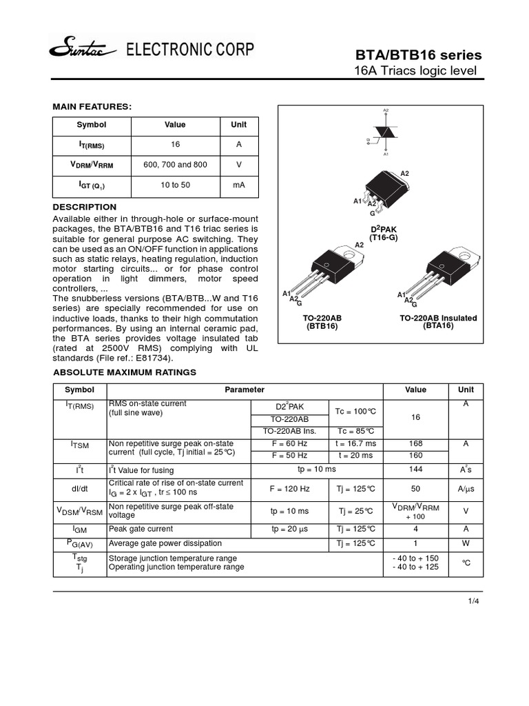 Triac BTA16 | Components | Electric Power | Free 30-day Trial | Scribd