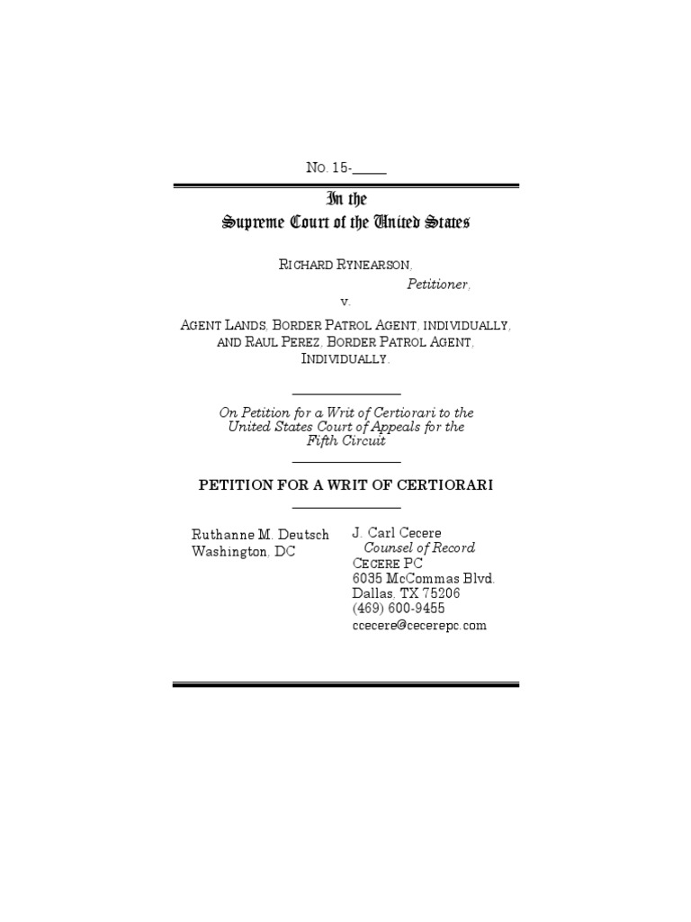 RICHARD RYNEARSON v. AGENT LANDS, BORDER PATROL AGENT, INDIVIDUALLY ...