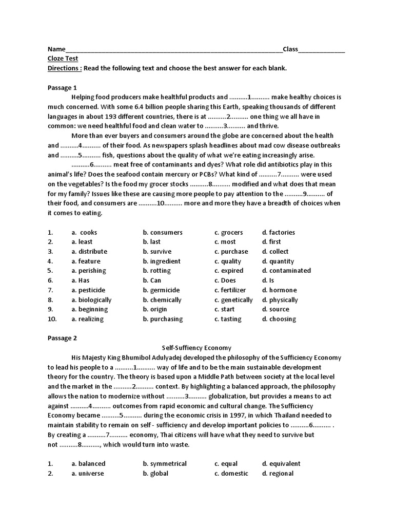 Cloze Test Highschool | PDF | Foods | Food And Drink