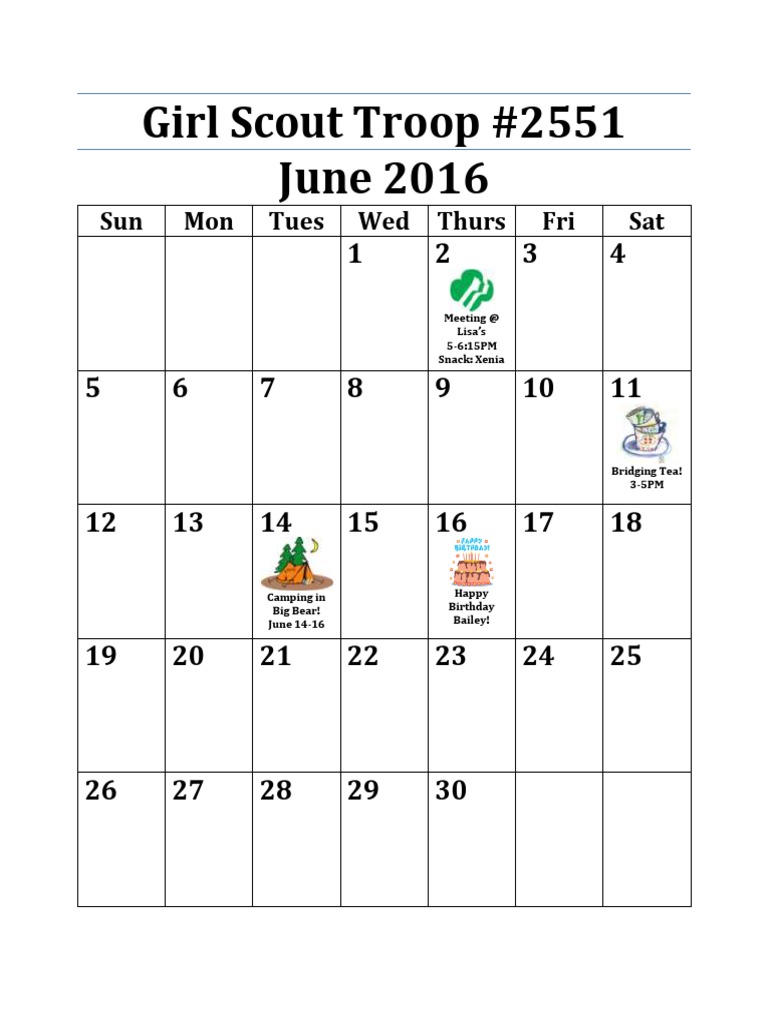 Girl Scout Troop #2551 June 2016 Calendar | PDF