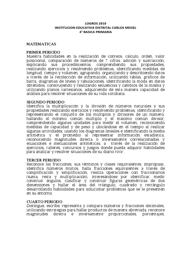 Logros OBTENIDOS AL FINALIZAR EL AÑO ESCOLAR CUARTO GRADO | PDF ...