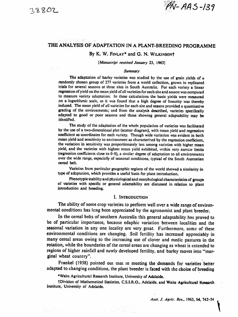 Finlay Wilkinson 1963 | PDF | Plant Breeding | Adaptation