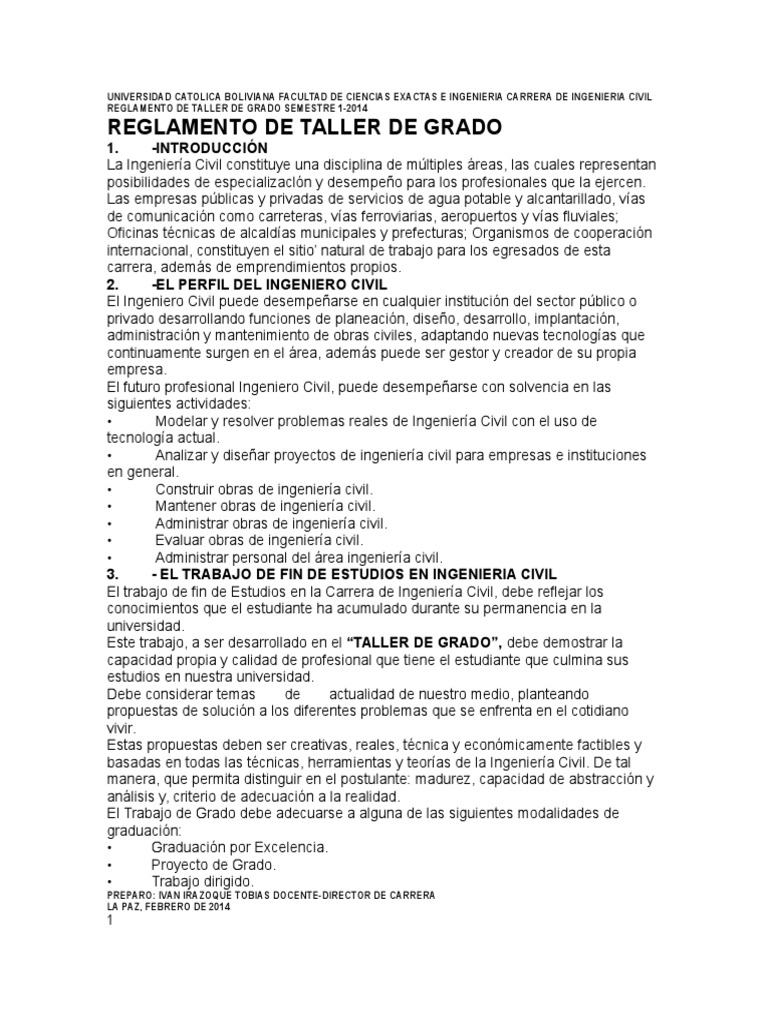 Reglamento de Taller de Grado | PDF | Ingeniería | Ingeniero civil