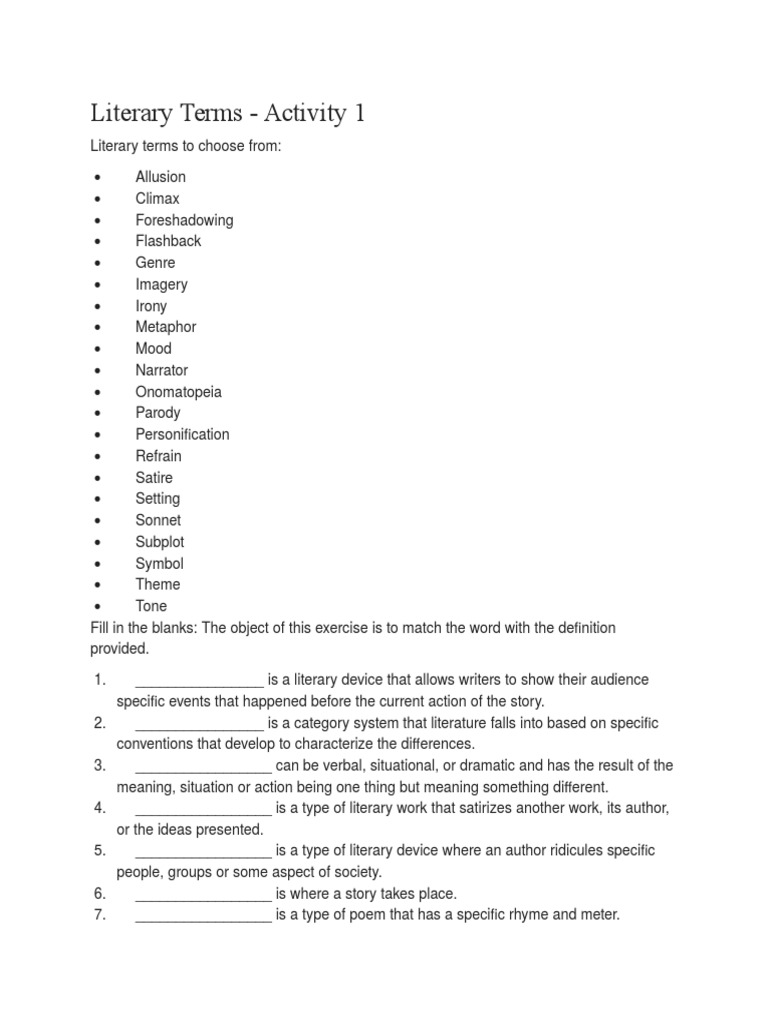 Literary Terms Worksheet | PDF | Poetry