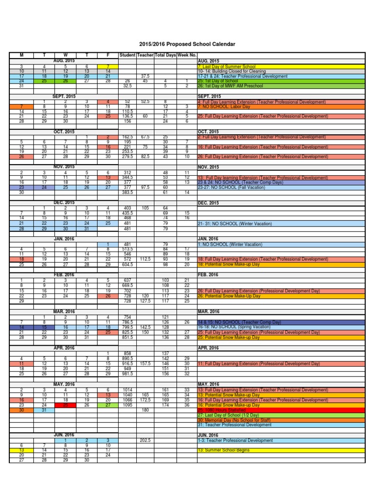 2015-2016 School Calendar Overview | PDF