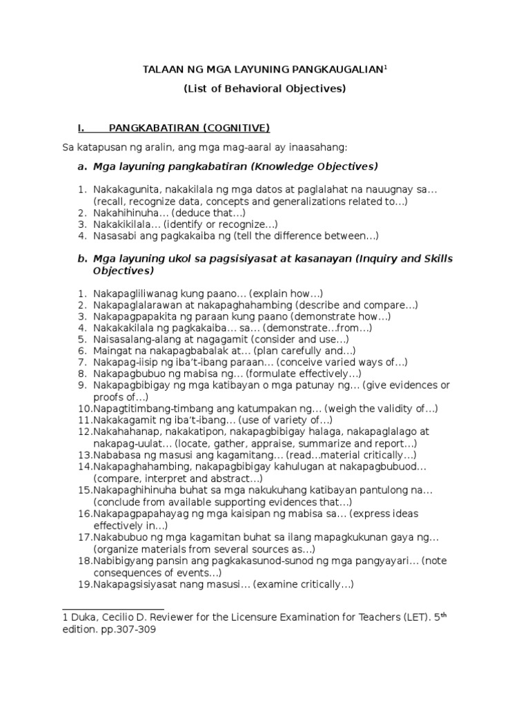 Behavioral Objectives in Filipino | PDF