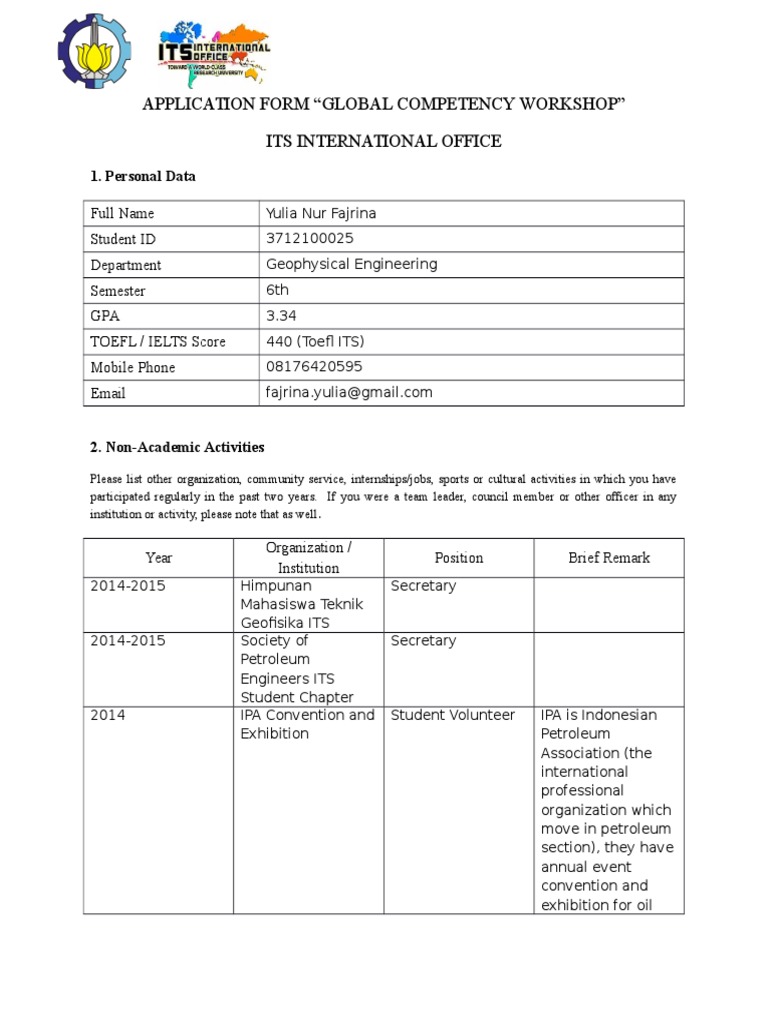 Application Form Global Competency Workshop | PDF | Academia | Further ...
