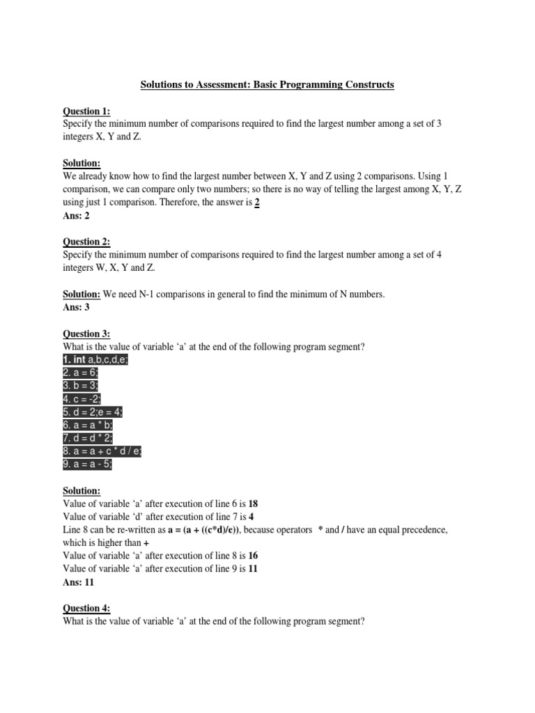 Solutions To Assessment: Basic Programming Constructs: 1. Int A, B, C ...