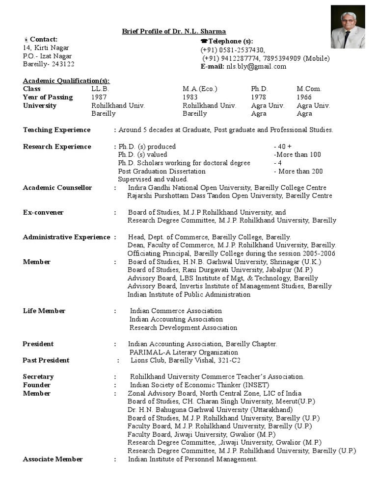 Profile of Dr. N.L. Sharma | PDF | Doctor Of Philosophy | Academia