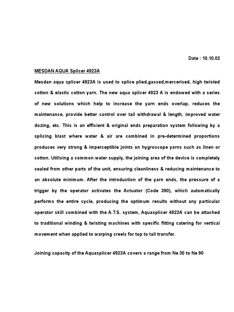 Mesdan Aqua Splicer 4923A Overview | PDF | Yarn | Actuator