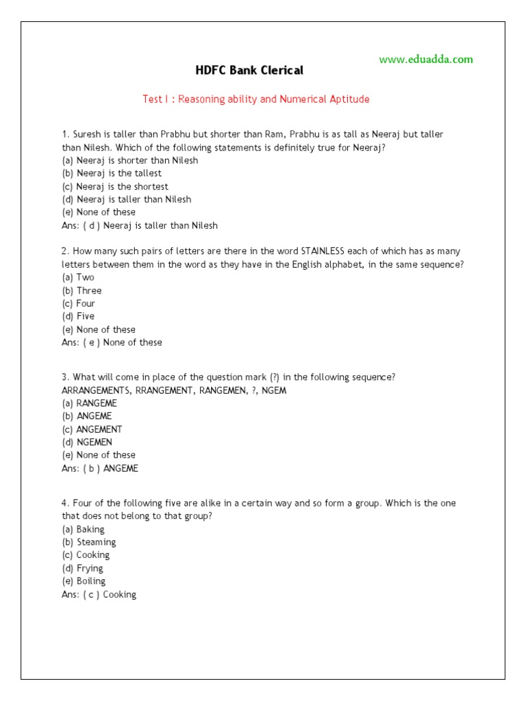 HDFC Bank Clerical Test Questions | PDF | Nature