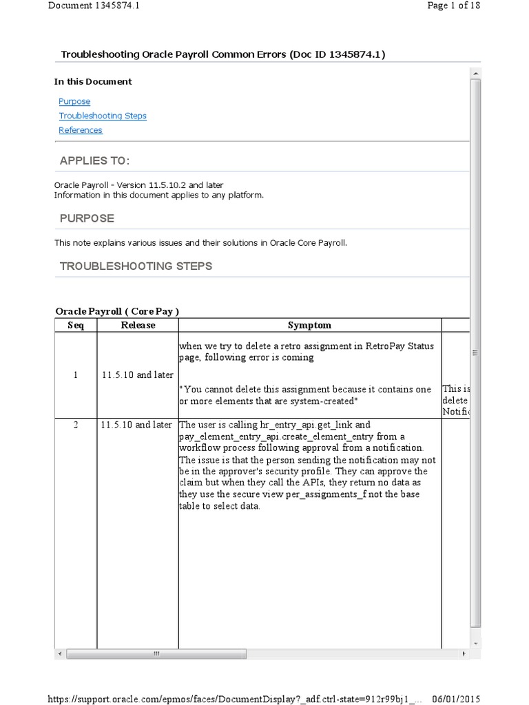 Applies To Troubleshooting Oracle Payroll Common Errors Doc Id