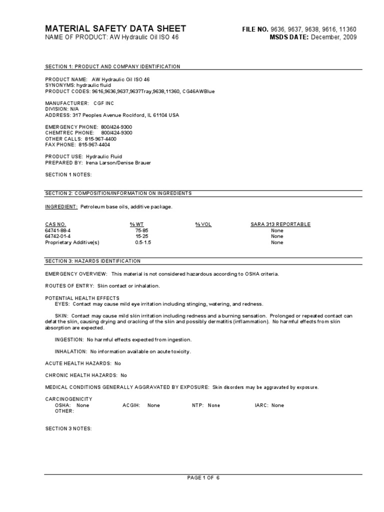AW Hydraulic Oil MSDS | PDF | Dangerous Goods | Chemistry