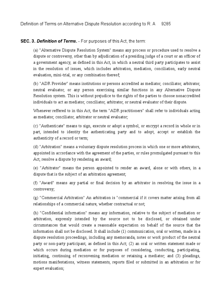 RA 9285 Definition of Terms | PDF | Mediation | Alternative Dispute ...