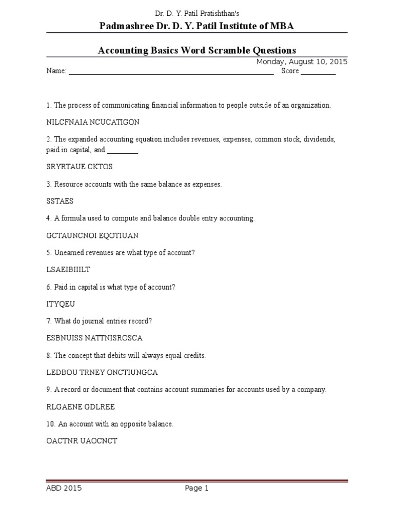 Accounting Basics Word Scramble Questions | PDF | Debits And Credits ...