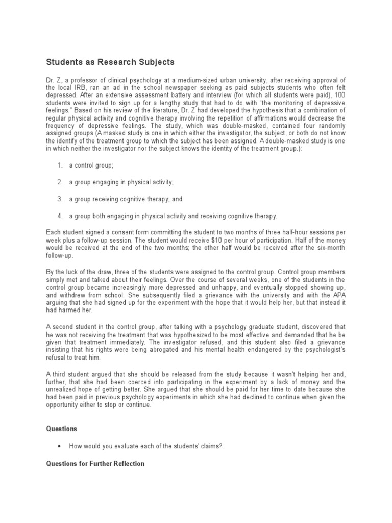 Students As Research Subjects: Questions | PDF | Clinical Trial ...