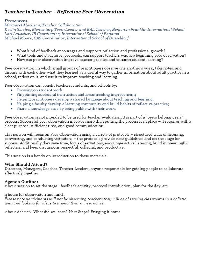 Teacher To Teacher - Reflective Peer Observation | PDF