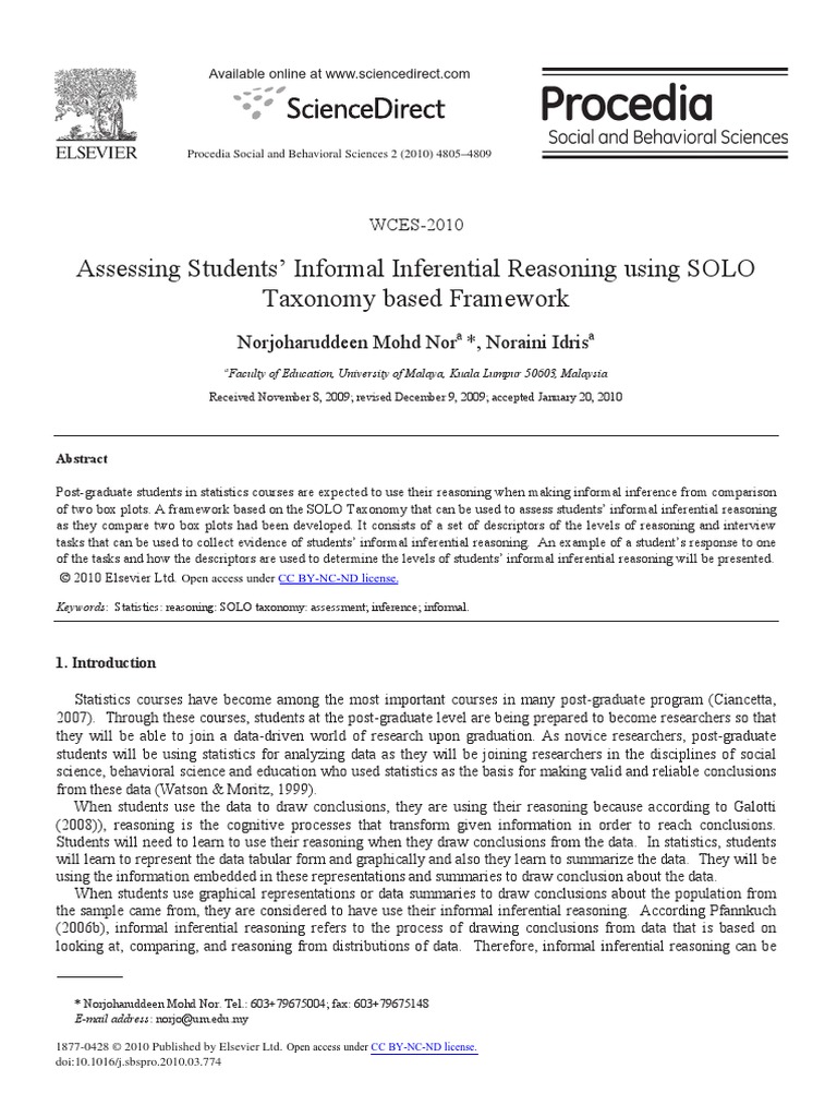 Assessing Students' Informal Inferential Reasoning Using SOLO Taxonomy ...