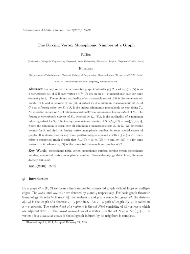 The Forcing Vertex Monophonic Number of A Graph | Download Free PDF | Vertex (Graph Theory ...