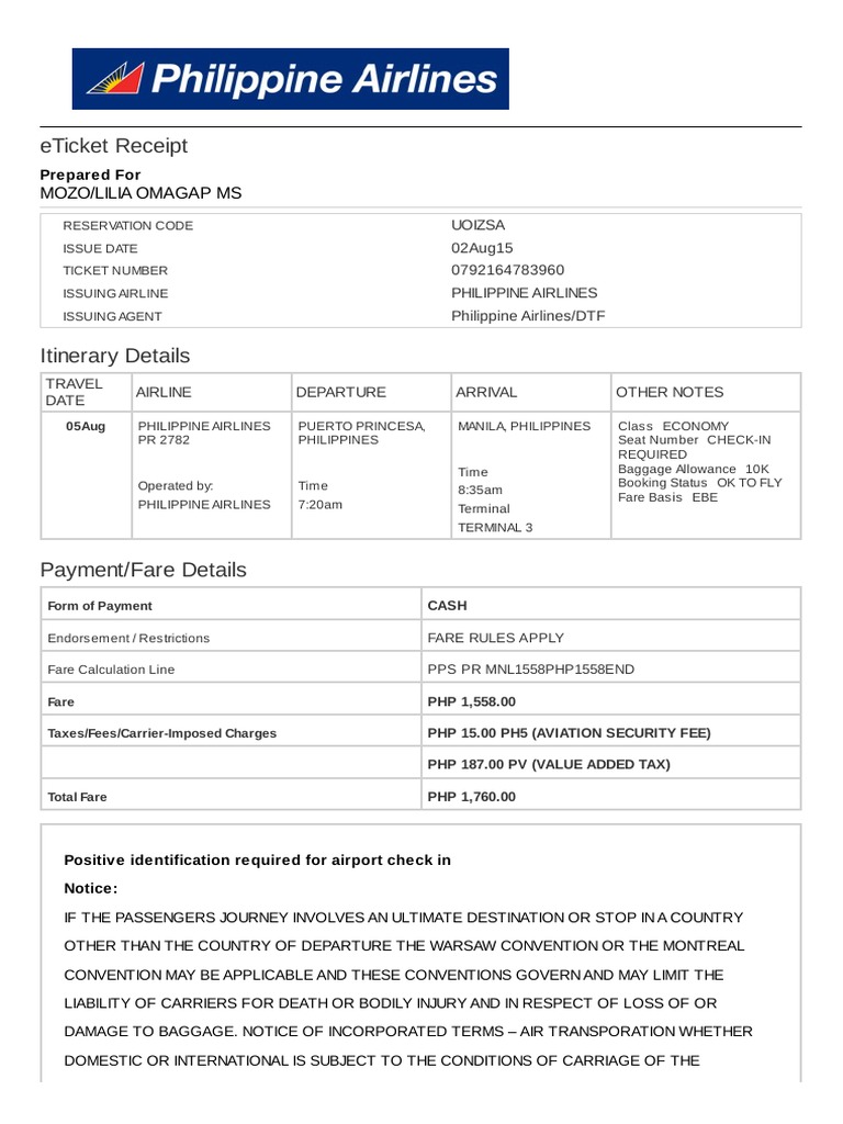 Electronic Ticket Receipt Sample | PDF