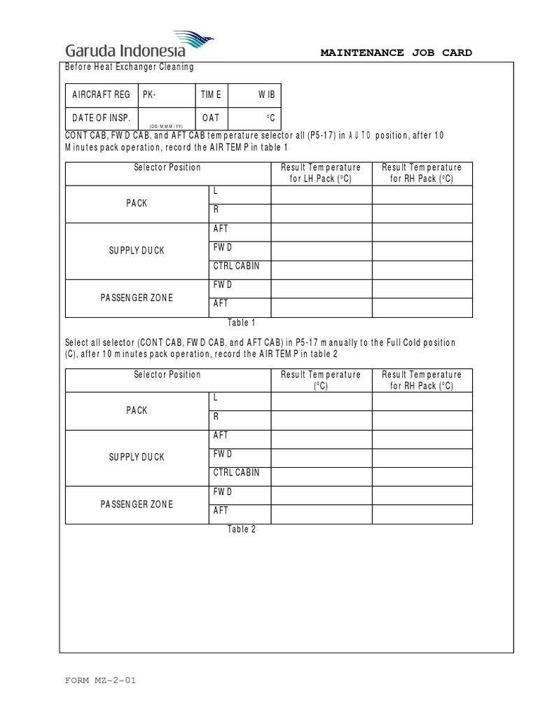Aircraft Maintenance Job Card - Printable Cards