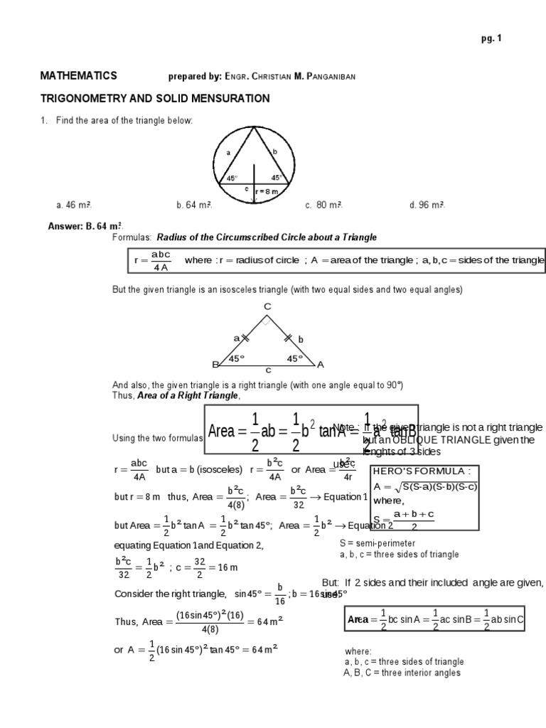 Trigonometry & Solid Mensuration - Solution | PDF | Area | Triangle