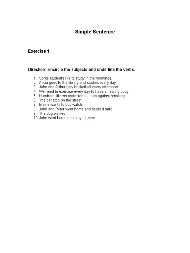 Simple Sentence: Exercise 1 | PDF