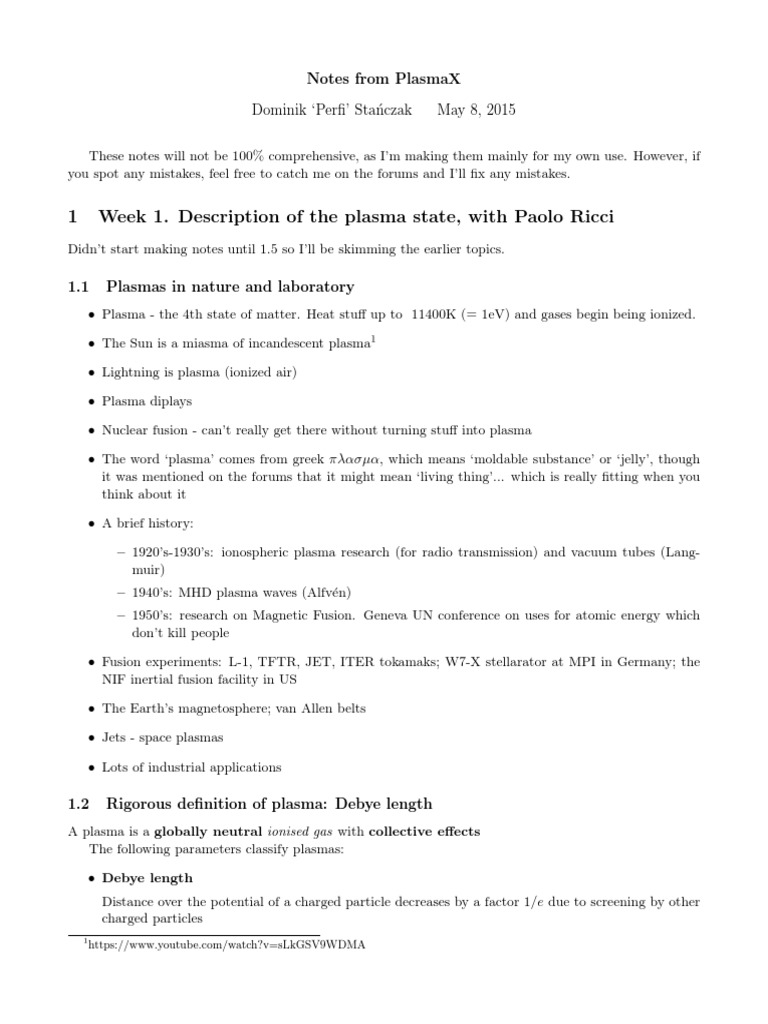 Plasma Notes | Download Free PDF | Plasma (Physics) | Magnetic Field