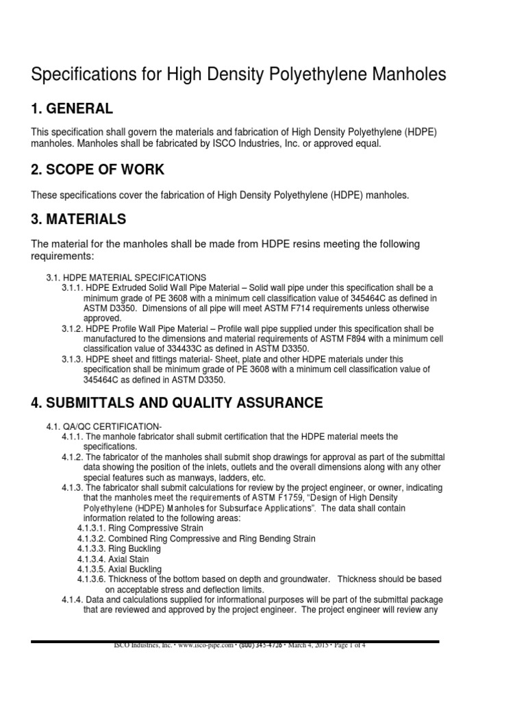 Specification For HDPE MANHOLES PDF | PDF | Pipe (Fluid Conveyance ...