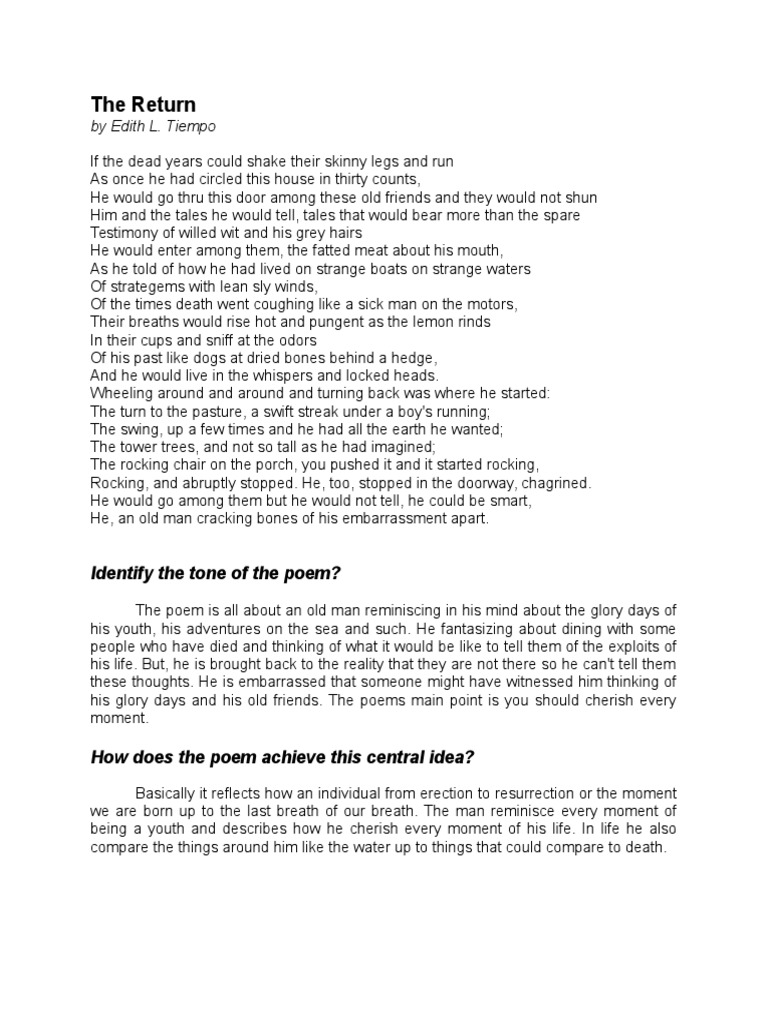 The Return: by Edith L. Tiempo | PDF | Leisure | Nature