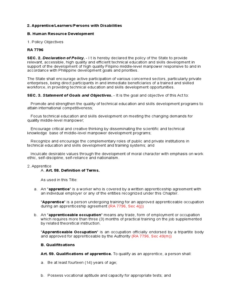 (RA 7796, Sec 4 (J) ) | PDF | Apprenticeship | Employment