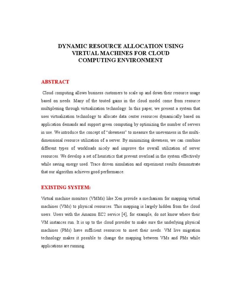 Dynamic Resource Allocation Using Virtual Machines Pdf Virtual Machine Cloud Computing