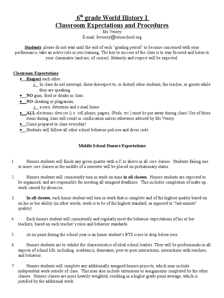 6th Grade World History Class Guidelines | PDF | Homework | Schools