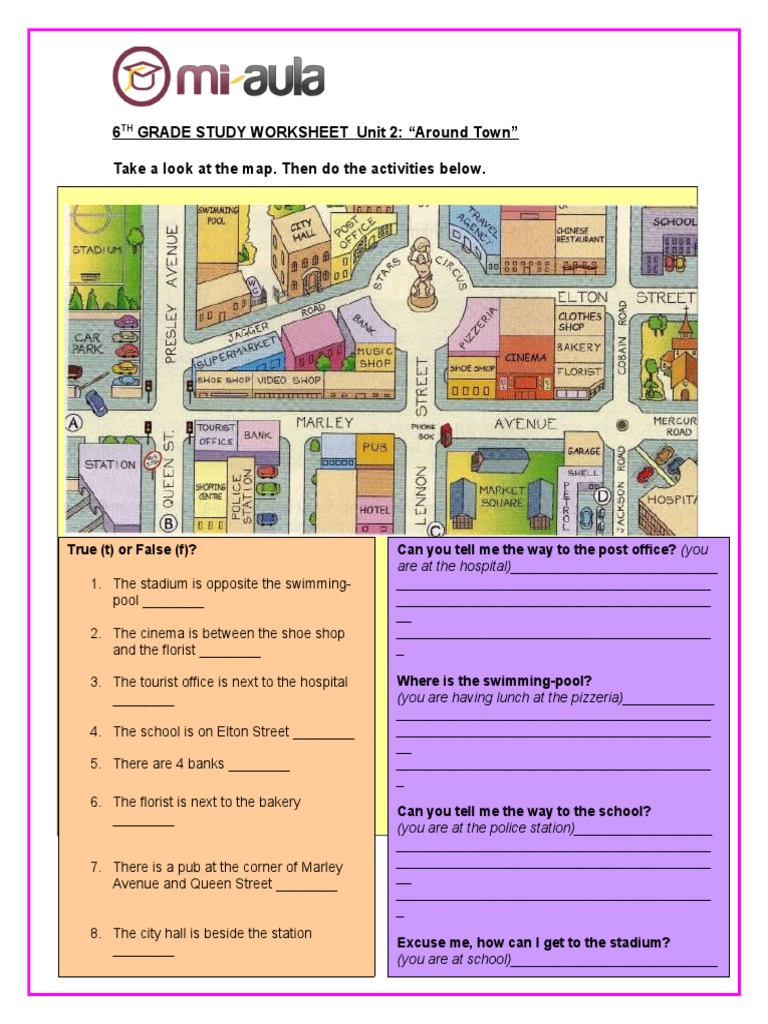 6th Grade "Around Town" Worksheet | PDF