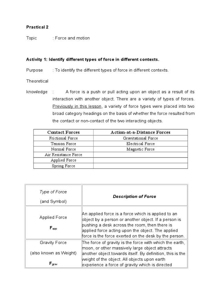 Practical 2: Contact Forces Action-at-a-Distance Forces | PDF ...