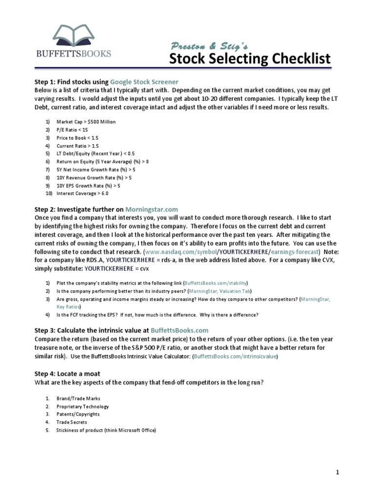 Preston and Stigs Stock Selecting Checklist | PDF | Price–Earnings ...