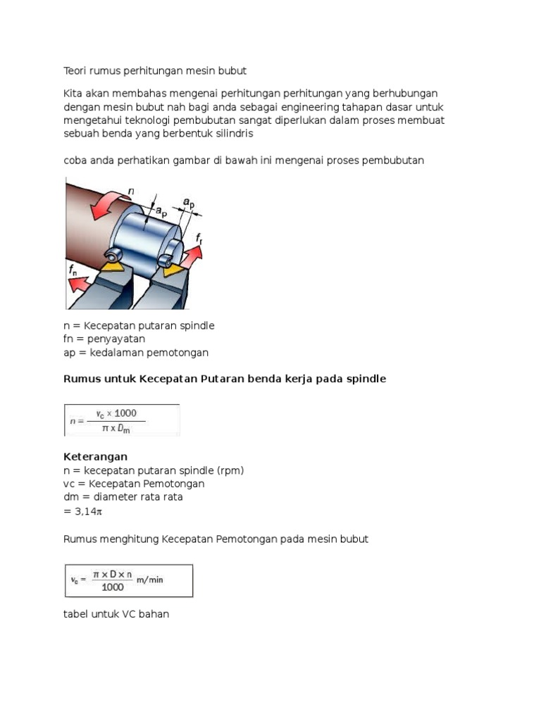 Teori Rumus Perhitungan Mesin Bubut | PDF | Metode & Bahan Ajar