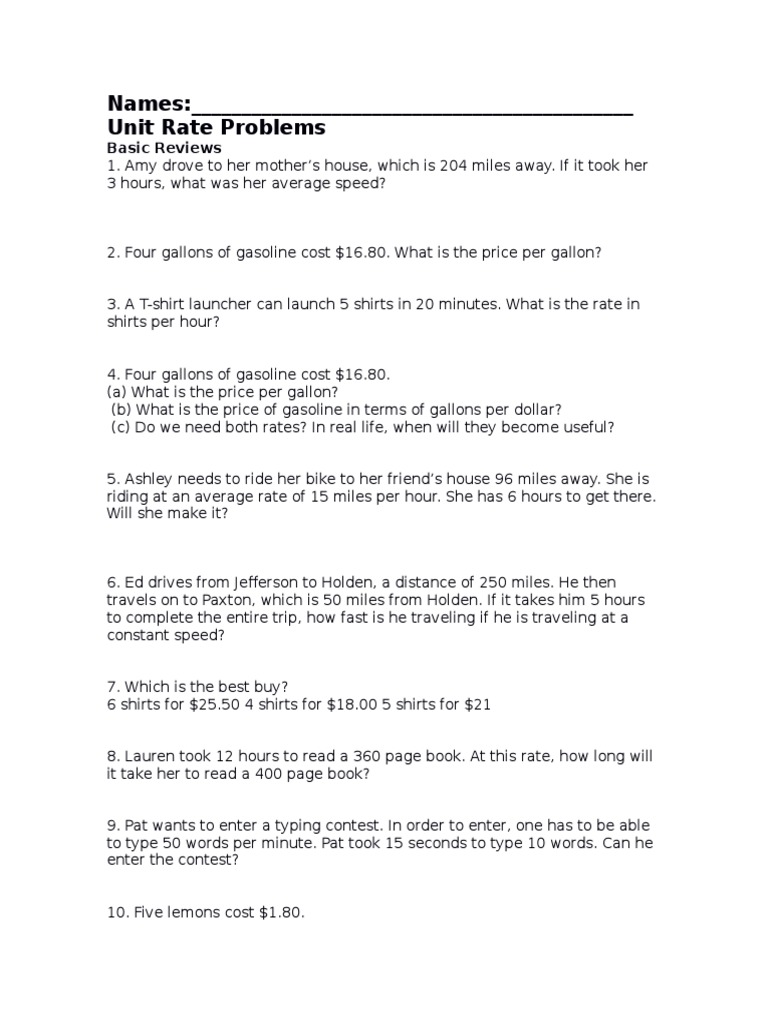 Unit Rate Problem Solutions | PDF | Speed | Business
