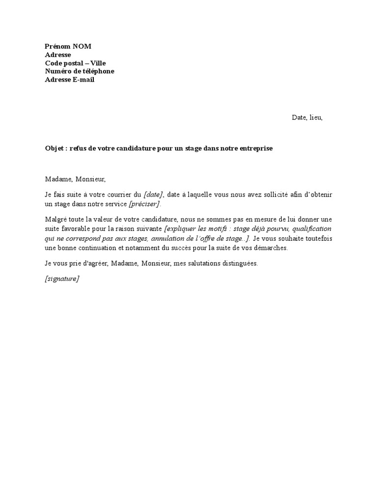 Lettre Refus Candidature Stage | PDF