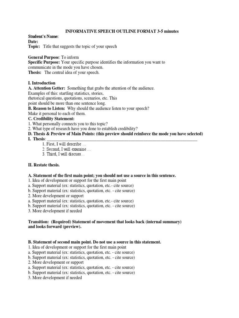 Informative Speech Outline Public Speaking | PDF | Public Speaking | Thesis