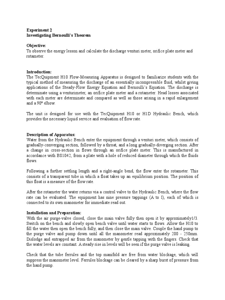 Bernoulli's Theorem Flow Measurement Experiment | PDF | Fluid Mechanics ...