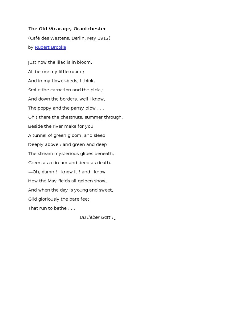 Rupert Brooke: The Old Vicarage, Grantchester | PDF | Art | Poetry