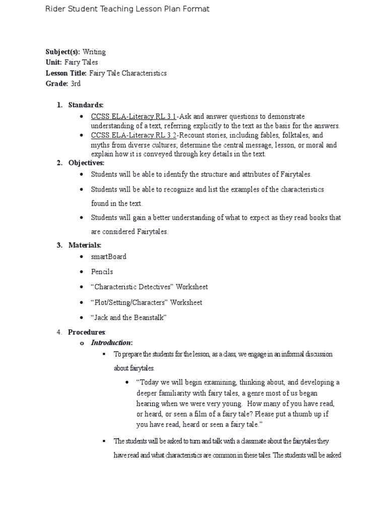 Angela Walter-Fairytale Lesson Plan | PDF | Fairy Tales | Lesson Plan
