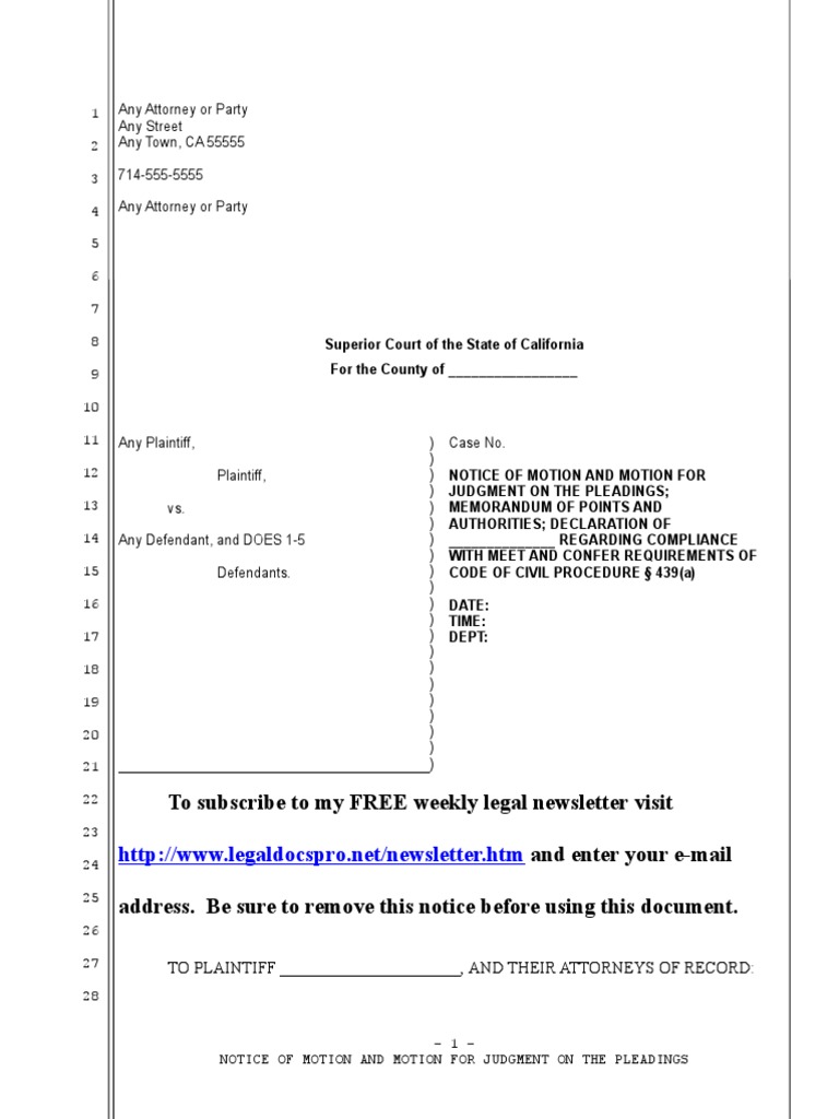 Sample California Motion For Judgment On The Pleadings For Defendant ...