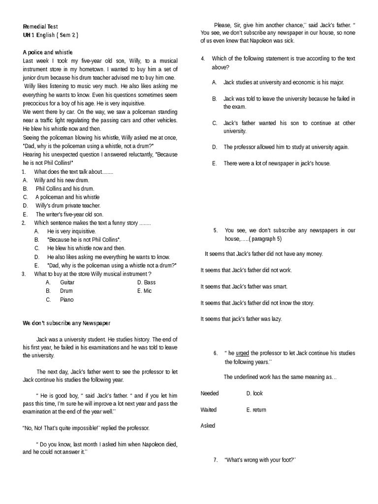 Remedial Test UH 1 English (Sem 2) A Police and Whistle | PDF ...