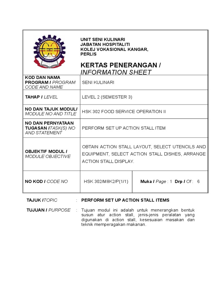 HSK302-Perform Set Up Action Stall Items | PDF