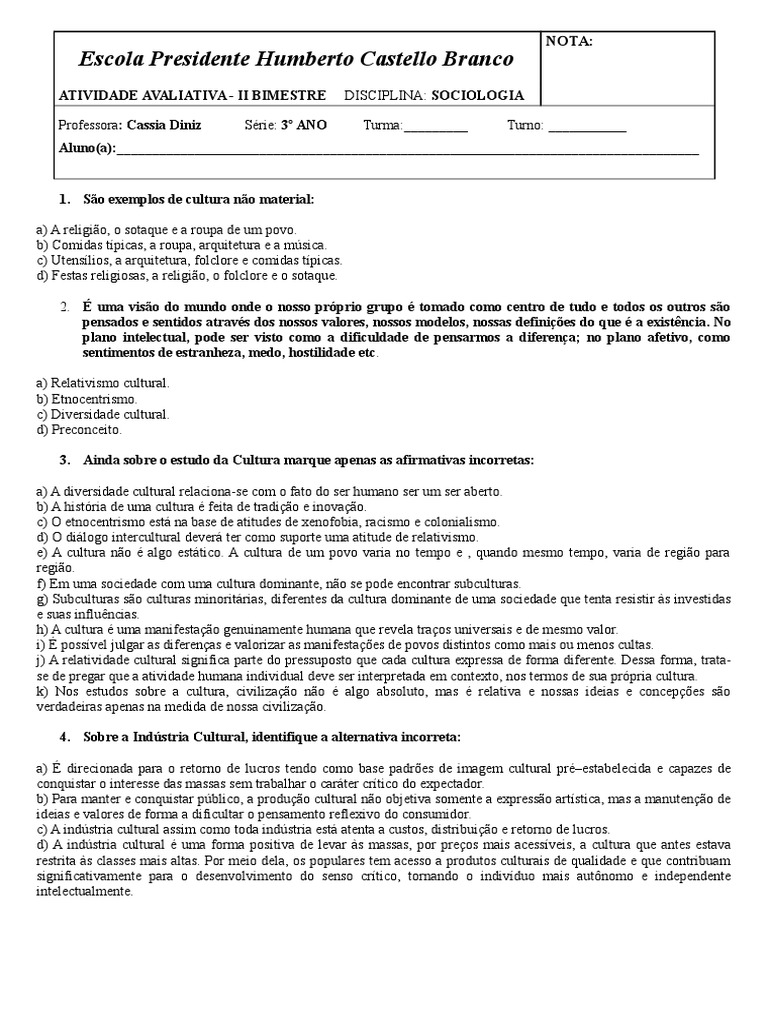 Atividade Complementar 3 Ano Socio | PDF | Indústrias | Cultura (geral)