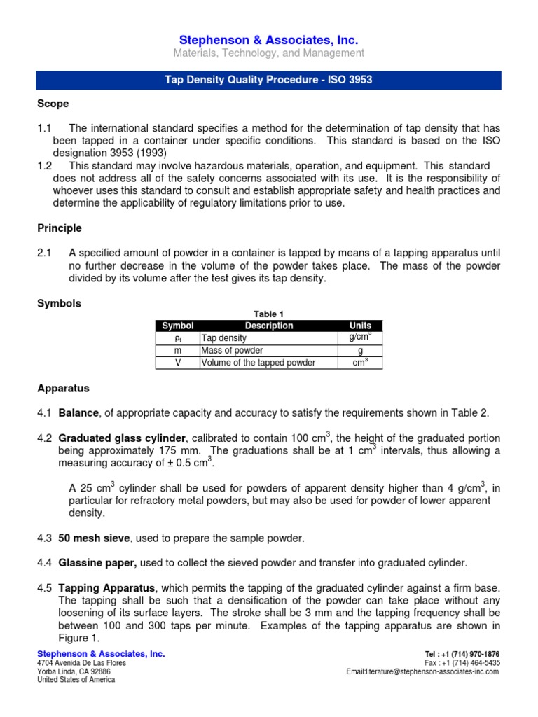 Tap Density Testing Procedure - ISO 3953 | PDF | Density | Chemistry