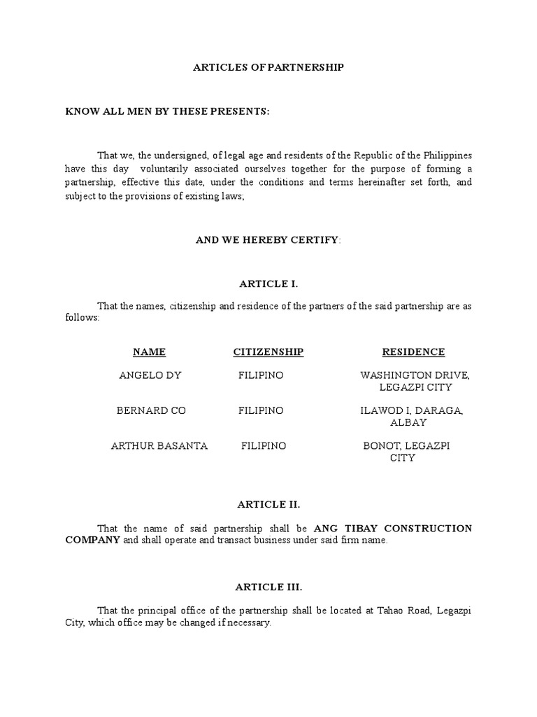 Articles of Partnership (FORM) | Partnership | Philippines