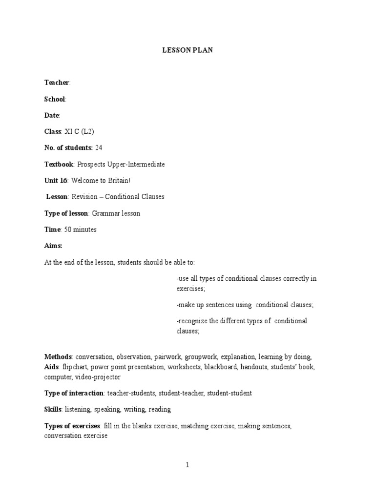 Lesson Plan Conditional Clauses Pdf Sentence Linguistics Clause 7416